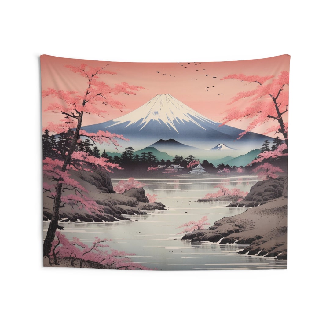 Japanese Tapestry, Mount Fuji Cherry Blossoms Pink Wall Art Hanging ...