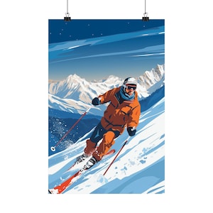 Vintage Ski Poster, Skier Mountain Snow Retro Print Wall Art Matte ...