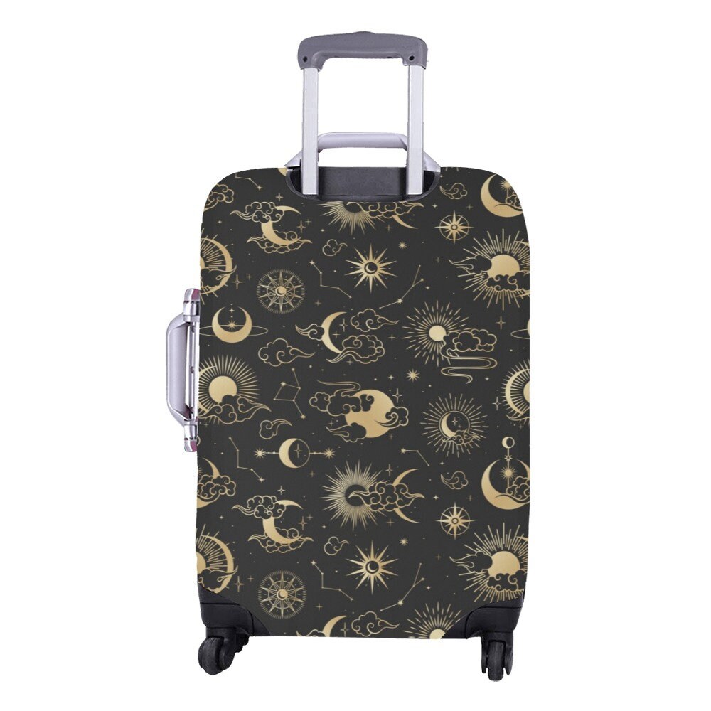 Sun Moon Luggage Cover, Black Gold Stars Boho Bohemian