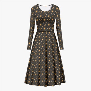 Celestial Long Sleeve Maxi Dress, Sun Moon Stars Space Black Boho Women ...