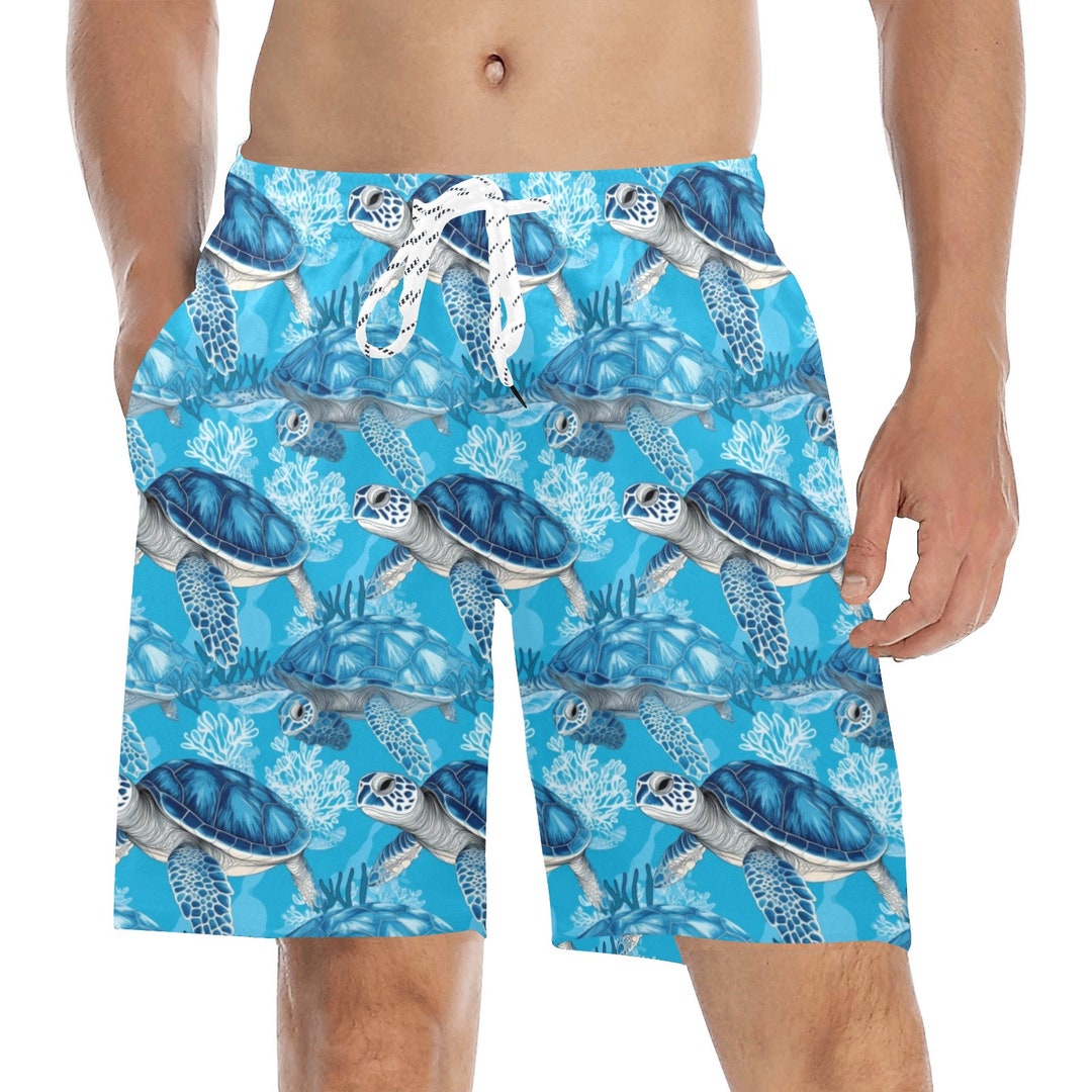 Sea Turtle Men Swim Trunks, Ocean Blue Print Mid Length Shorts Beach ...