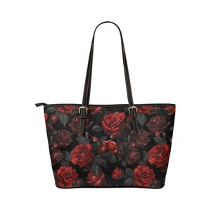 Rose Tote Bag Purse, Red Black Gothic Floral Flowers Print Handbag ...