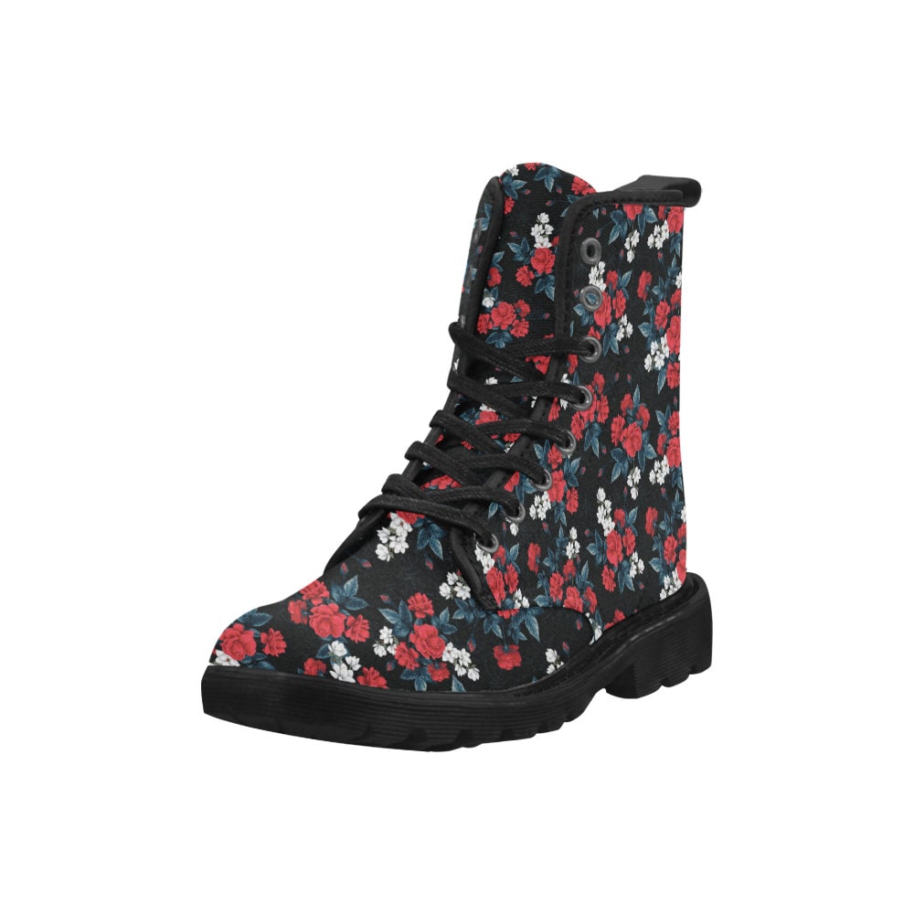 Red Roses Women's Boots Floral Vegan Canvas Lace up - Etsy