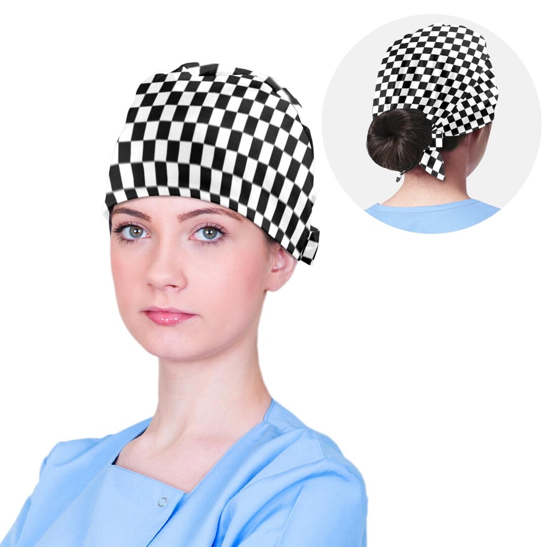 Checkered Scrub Cap Hat Women, Black White Check Nurse Surgical Medical ...