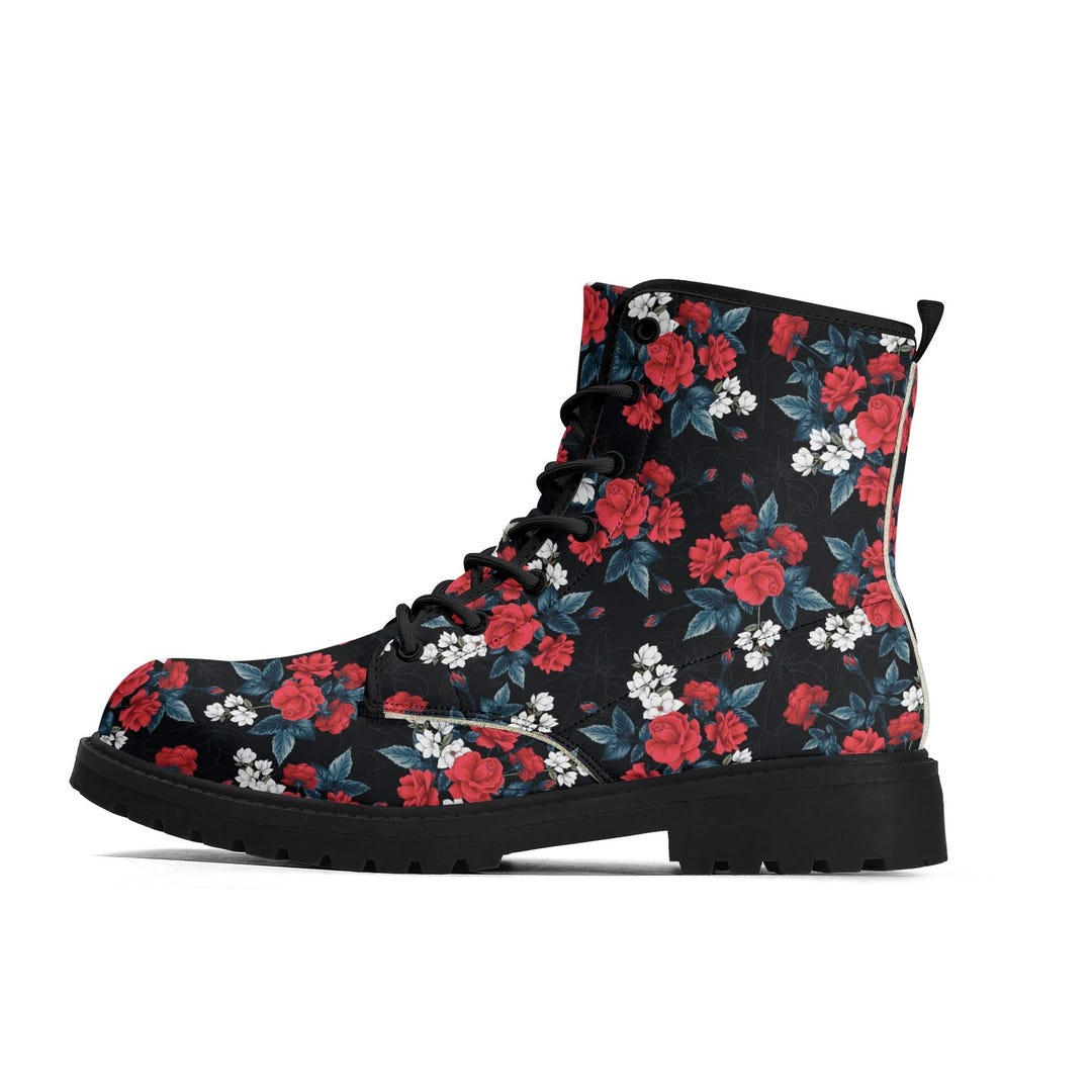 Red Roses Women Leather Boots, Floral Flowers Vegan Lace up Shoes ...