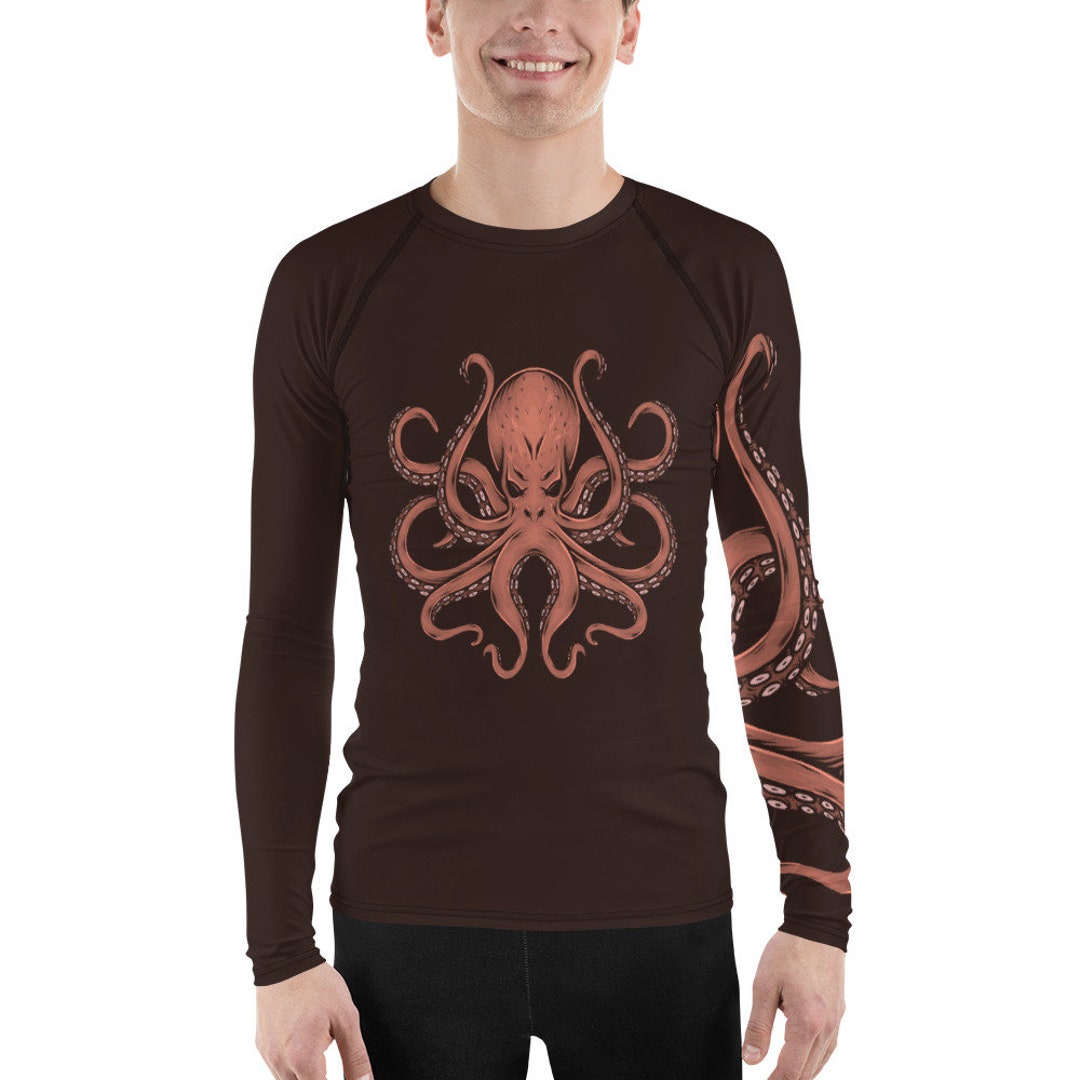 Octopus Men Rash Guard, Kraken Ocean Sea Fish Print Surf Long Sleeve ...