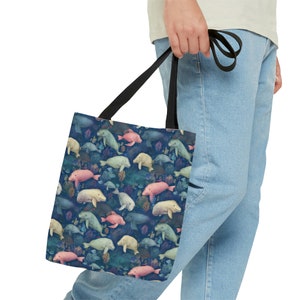 Manatee Tote Bag, Watercolor Blue Ocean Sea Coral Cute Canvas Shopping ...