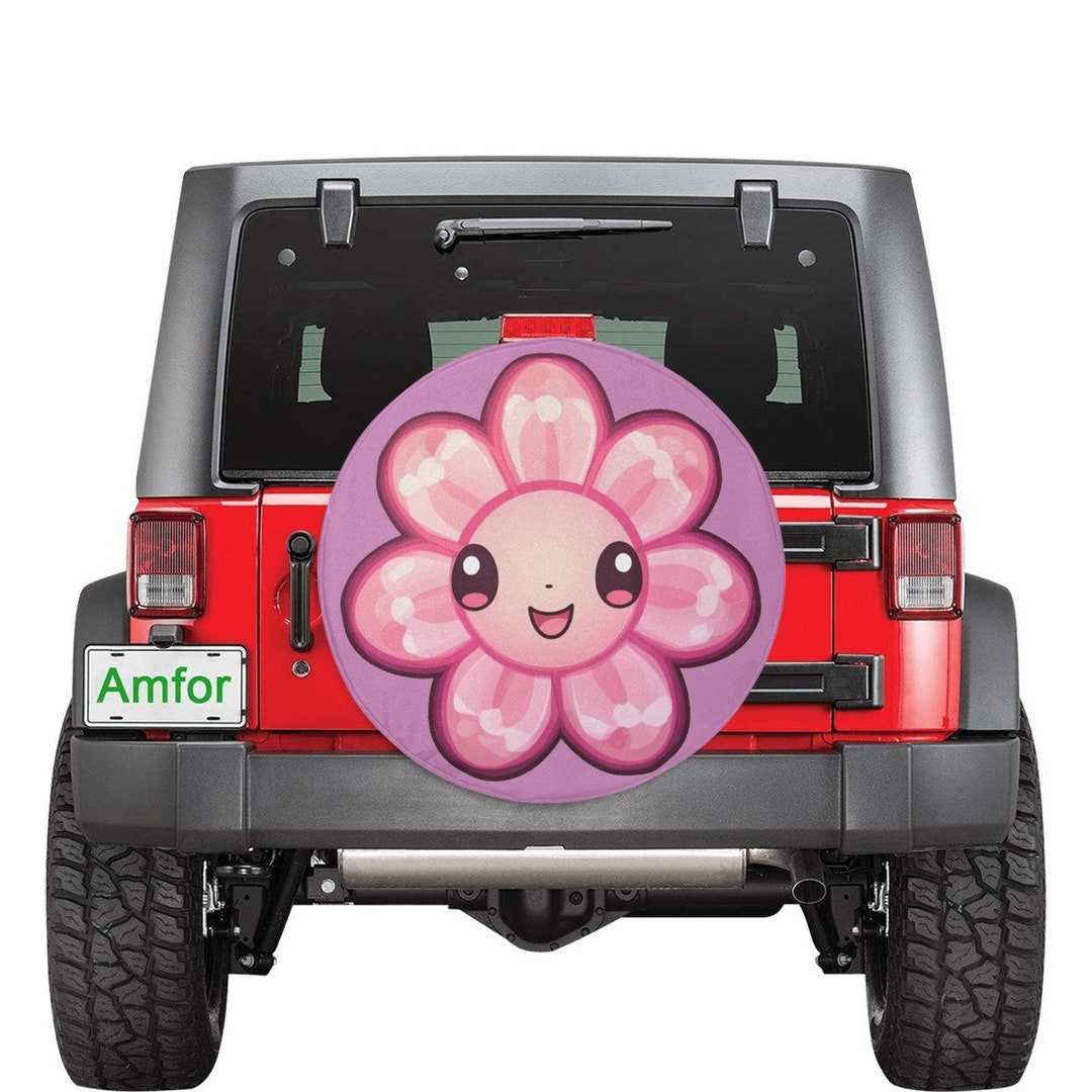 Happy Flower Spare Tire Cover, Pink Smiling Face Kawaii Floral Wheel ...