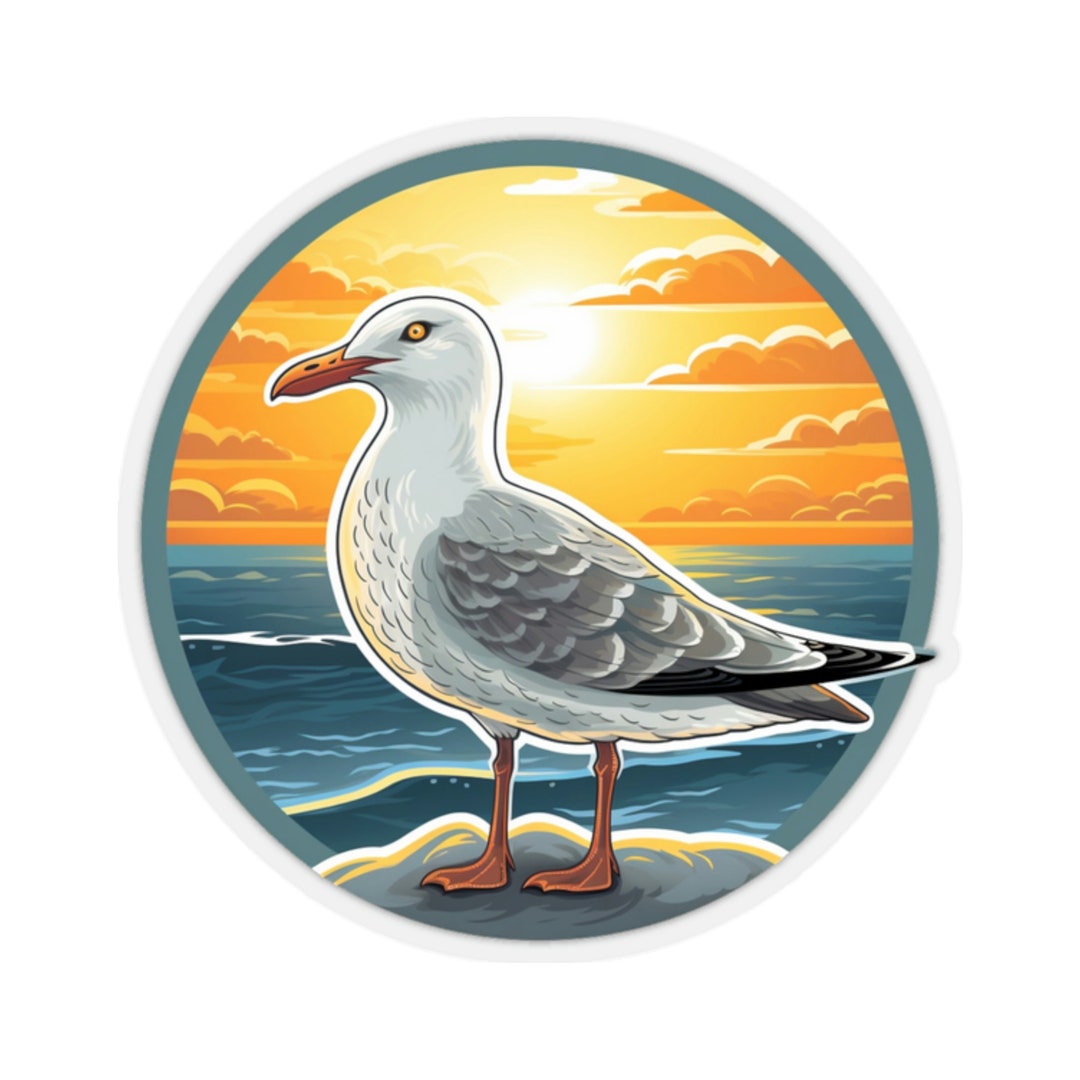 Seagull Sticker, Bird Sunset Ocean Sea Round Laptop Decal Vinyl Cute ...