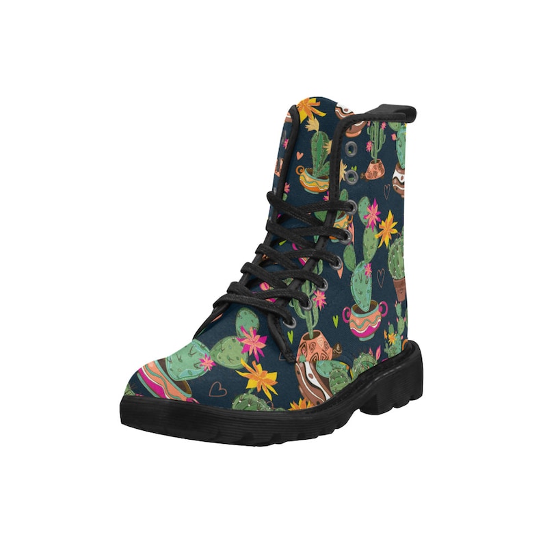Cactus Women Boots, Succulent Botanical Plants Green Vegan Canvas Lace ...