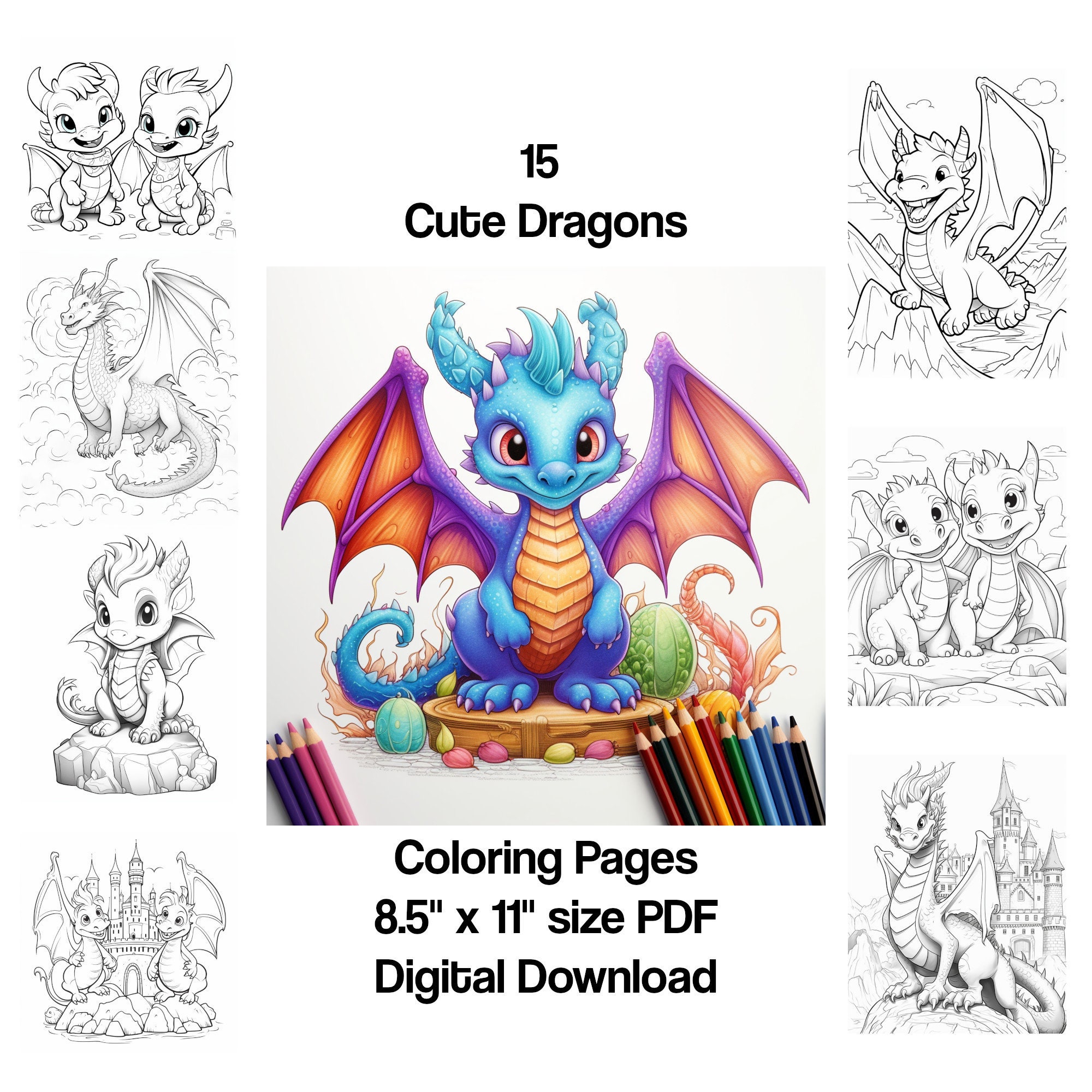 Cute Dragons Coloring Pages, PDF Book Baby Animals Fantasy Printable ...