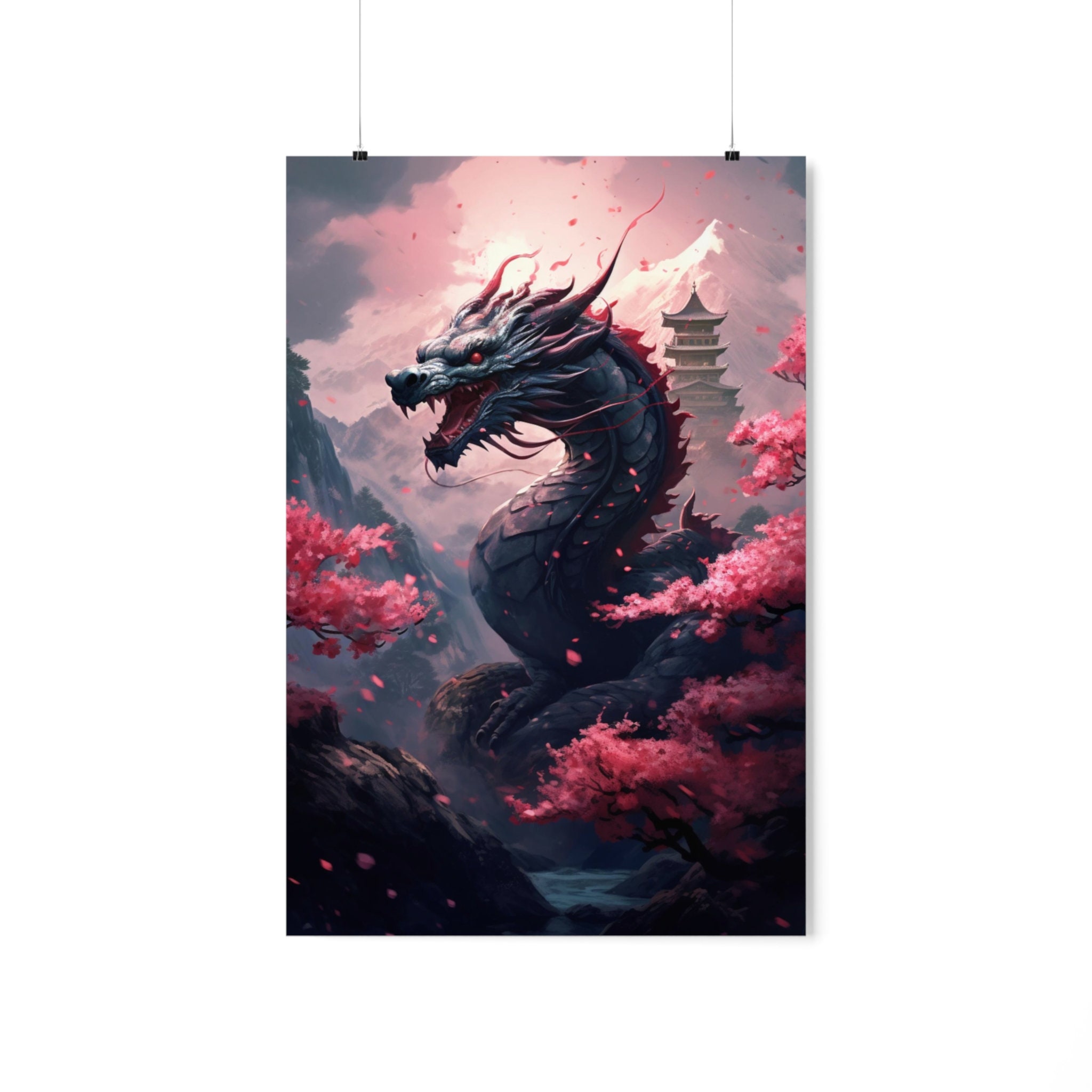 Japanese Black Dragon Poster Print, Cherry Blossom Asian Fantasy Wall ...