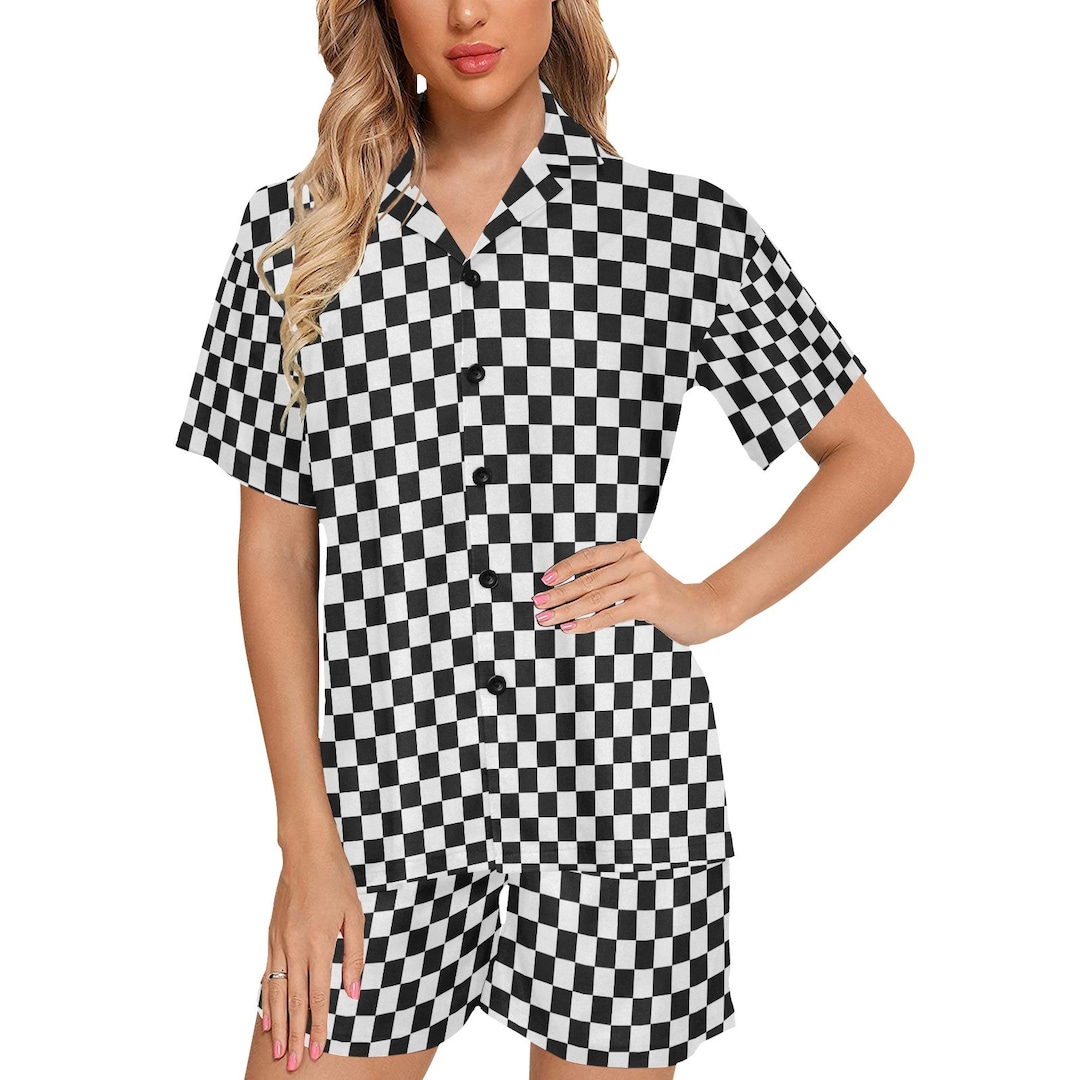 Checkered Pajamas Set, Black White Sleepwear Short Sleeve Sleep Shirt ...