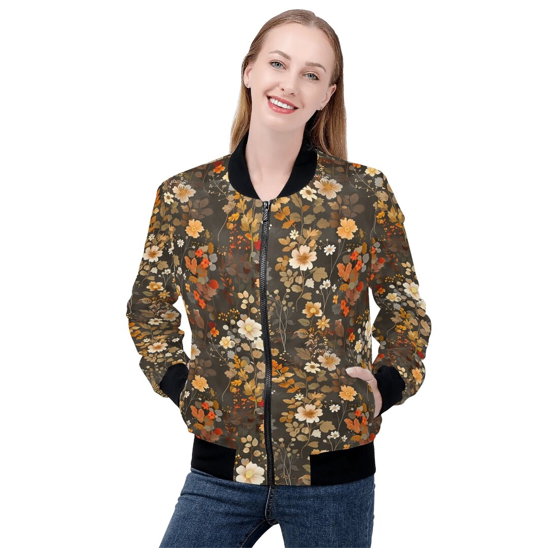 Brown Floral Women Bomber Jacket, Flowers Fall Autumn Ladies Black ...