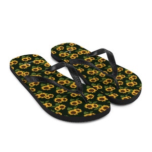 Sunflower Flip Flops, Floral Flower Footwear Black Yellow Thong Sandals ...