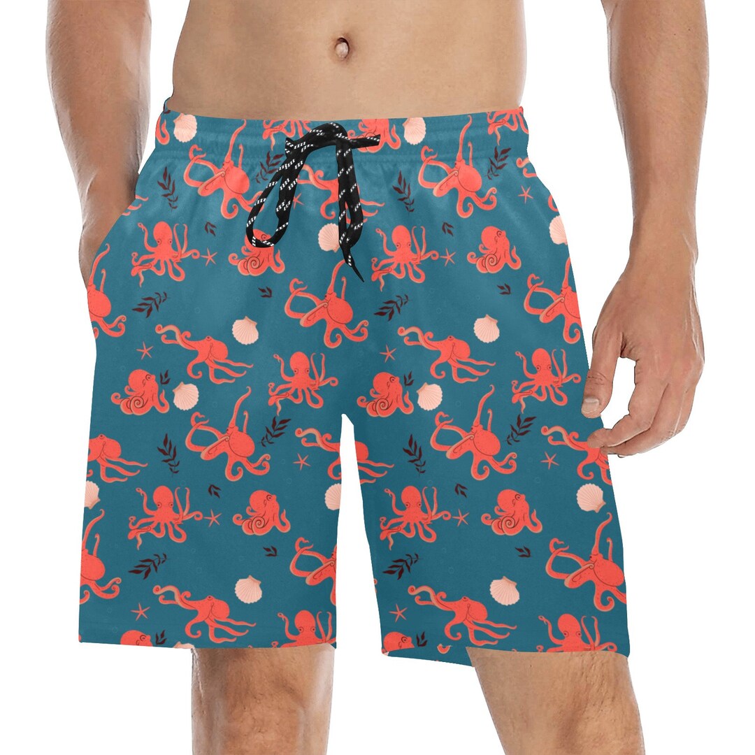 Octopus Men Swim Trunks, Ocean Sea Print Mid Length Shorts Beach ...