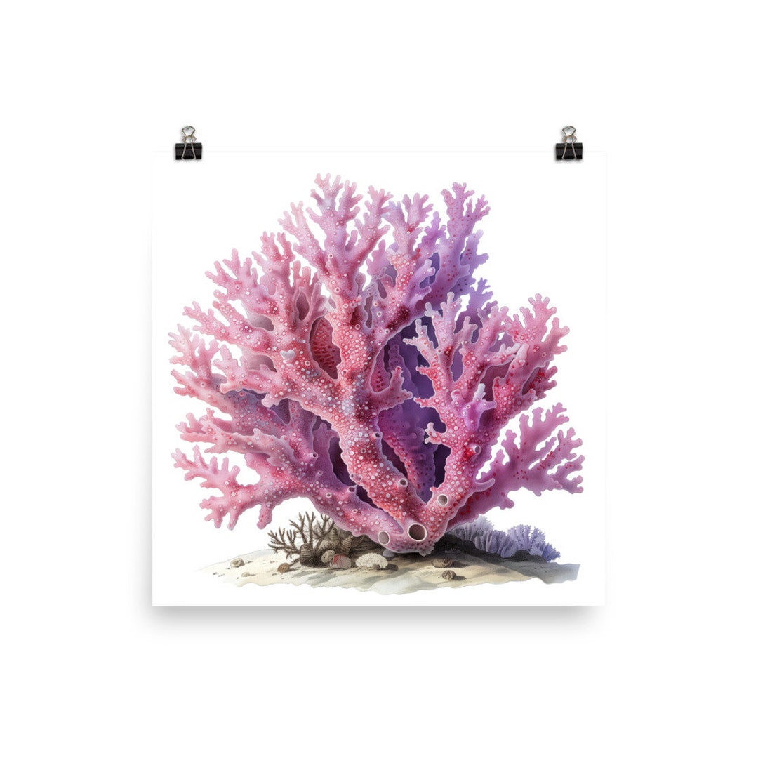 Coral Reef Poster Print, Pink Beach Watercolor Coastal Marine Flora ...