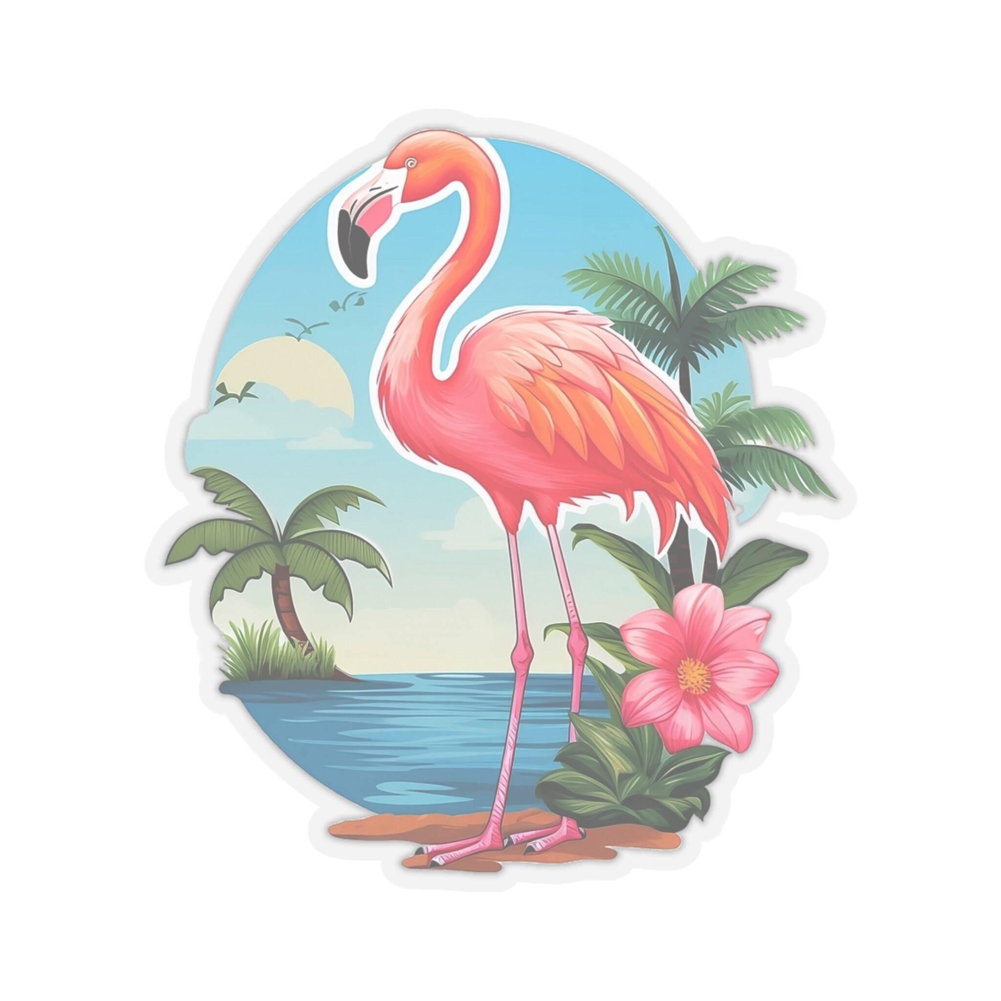 Pink Flamingo Sticker Decal, Tropical Palm Tree Ocean Art Vinyl Laptop ...