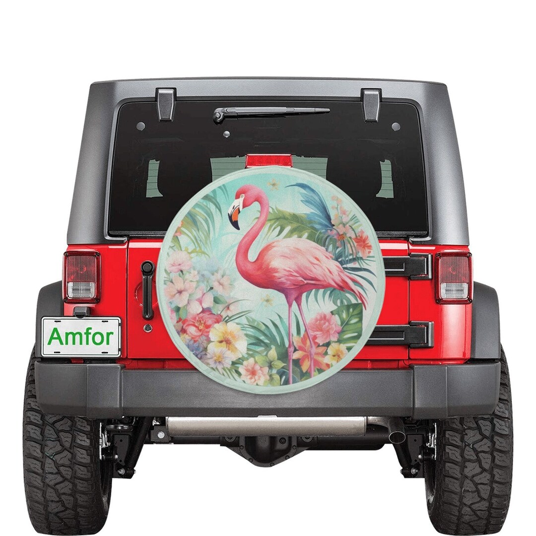 Pink Flamingo Spare Tire Cover, Floral Tropical Green Backup Camera ...