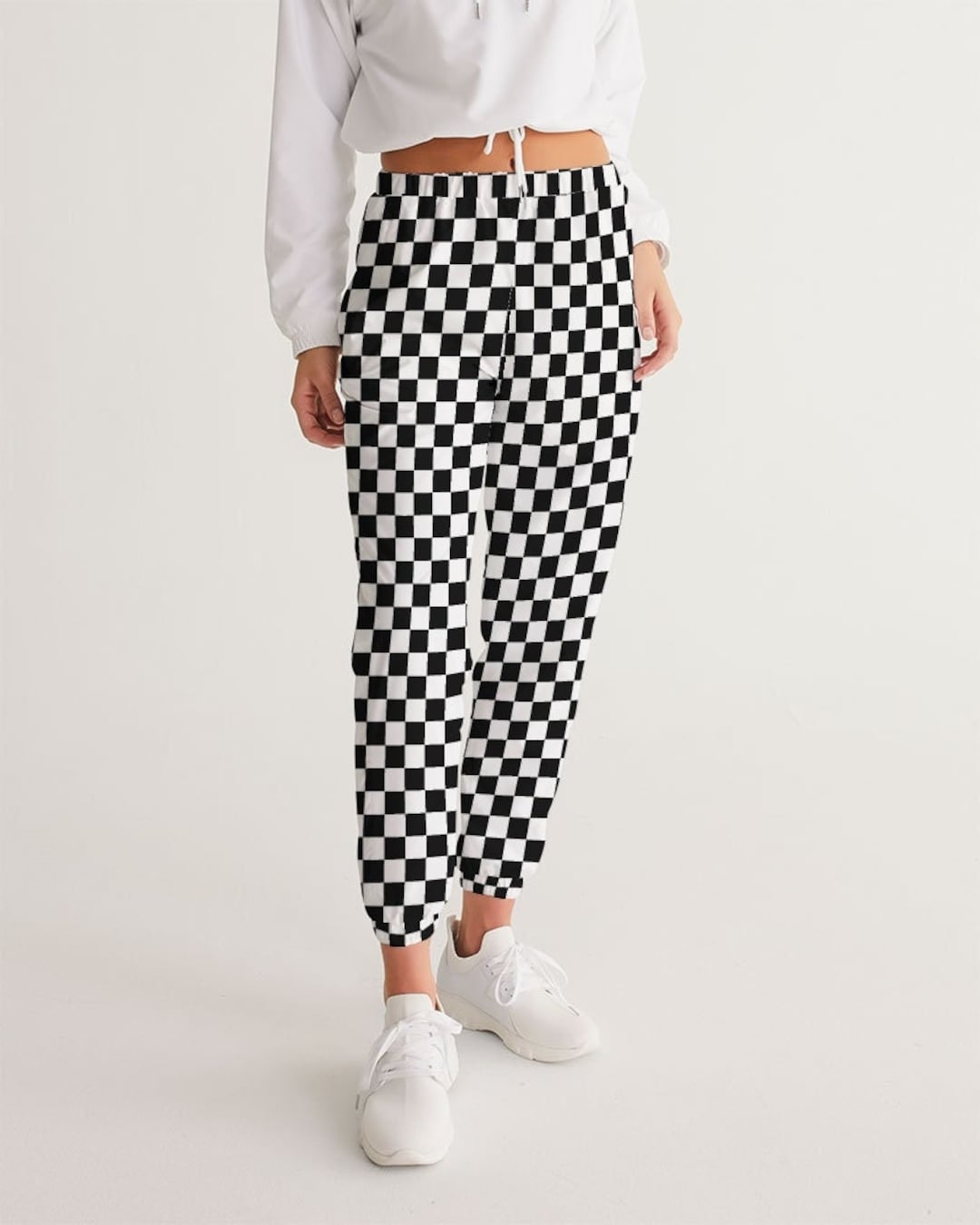 Black White Checkered Women's Track Pants, Racing Check Straight Leg ...