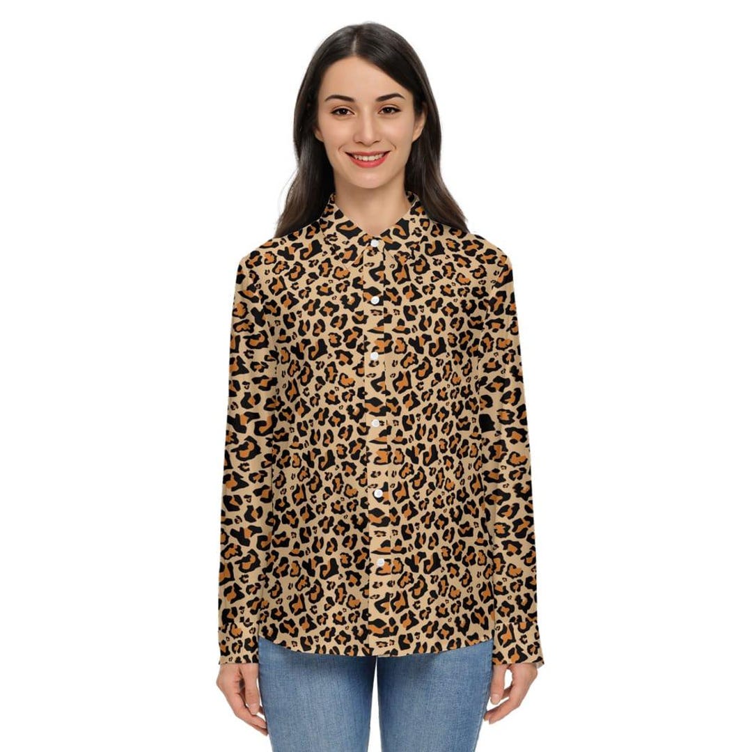 Leopard Long Sleeve Shirt Women, Animal Print Cheetah Brown Button up ...
