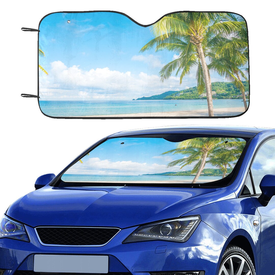 Tropical Beach Windshield Sun Shade, Ocean Sea Palm Tree Car ...