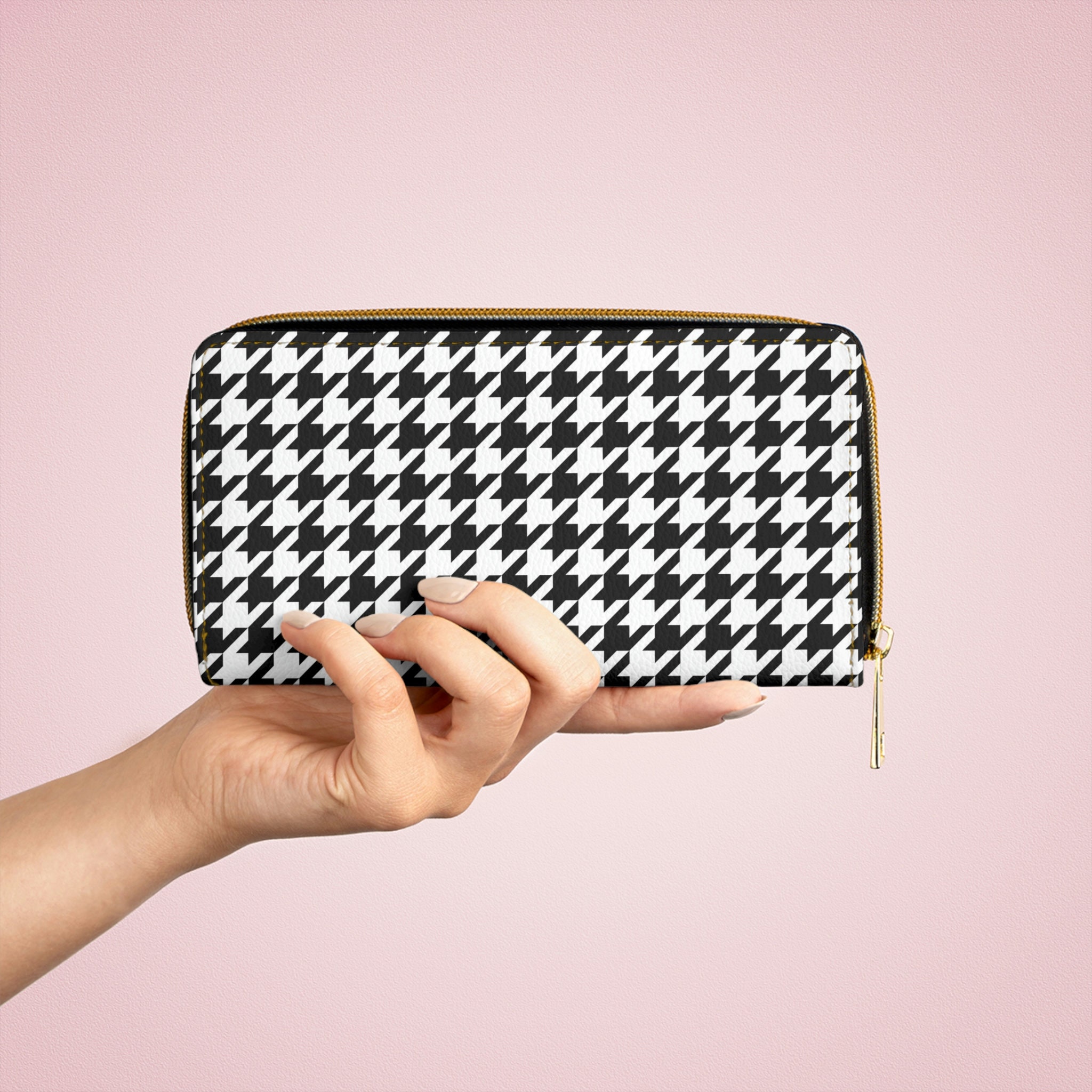 Houndstooth Leather Wallet Women, Black White Print Vegan Houndstooth Leather Wallet Women, Black White Print Vegan