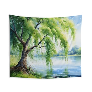 Weeping Willow Tree Tapestry, Nature Lake Watercolor Wall Art Hanging ...