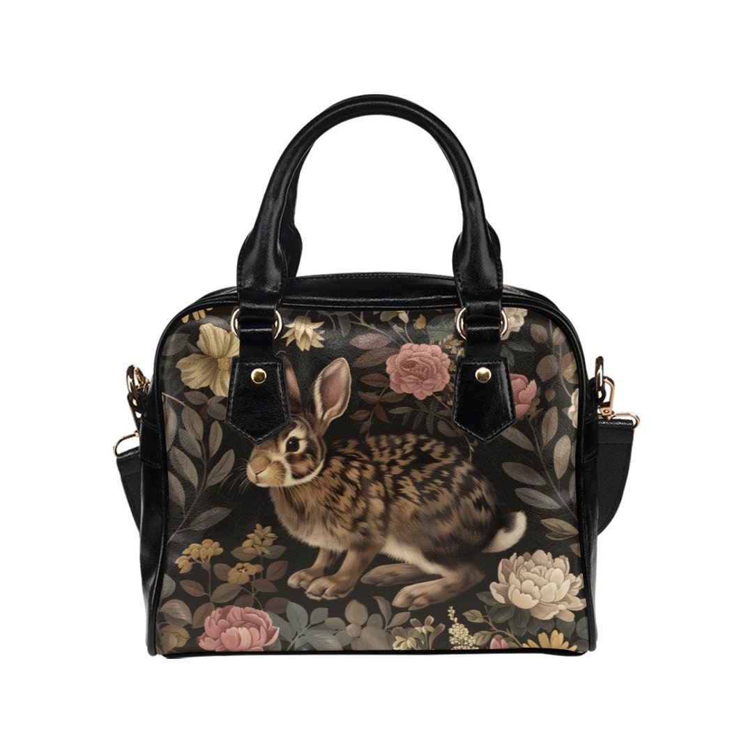 Rabbit Purse, Bunny Animal Retro Vintage Floral Flowers Black Print ...