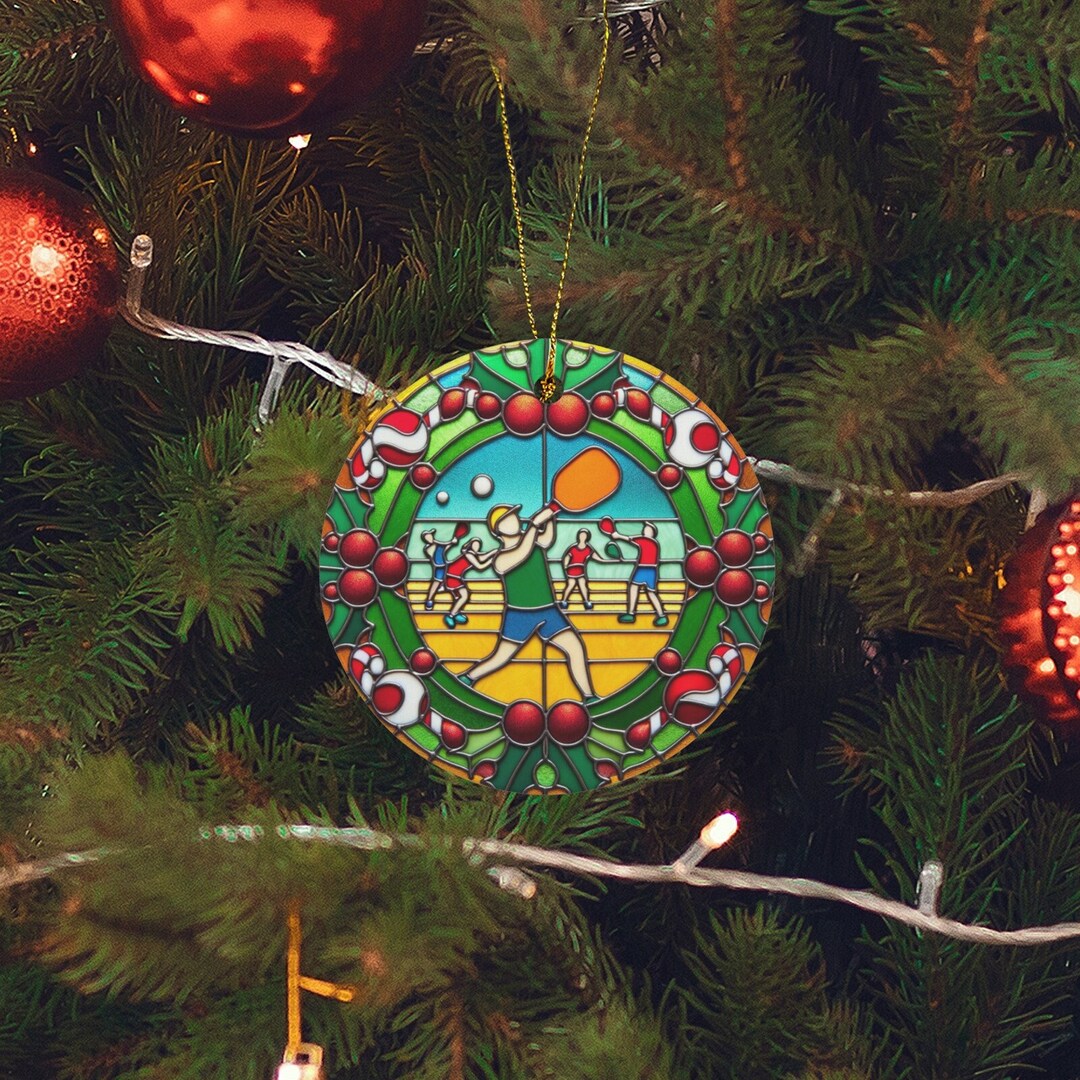 Pickleball Ceramic Ornaments, Sports Stained Glass Print Cute Christmas ...