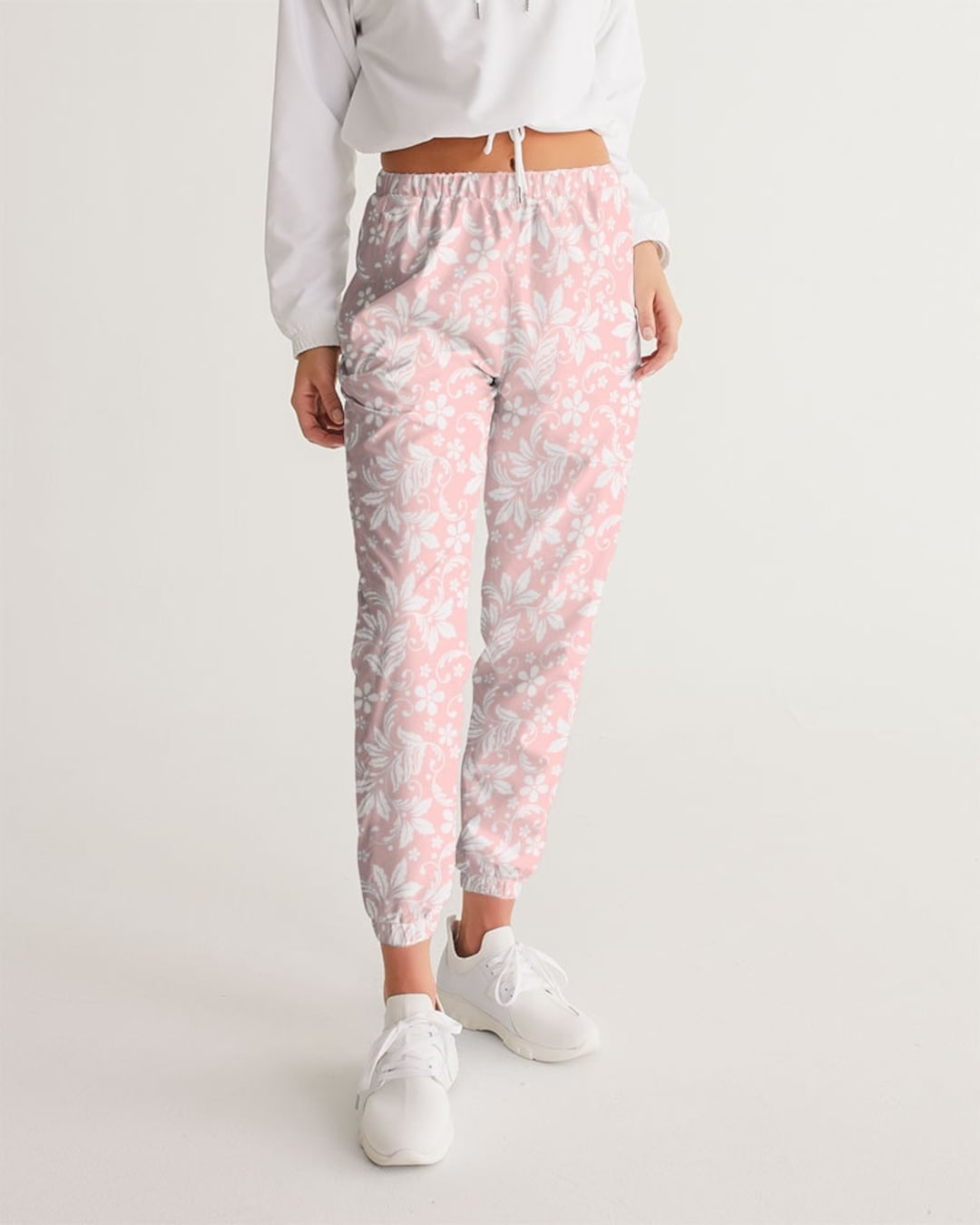 Pink White Floral Women Track Pants, Flowers Female Sports Exercise Zip ...