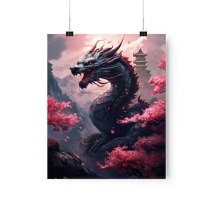 Japanese Black Dragon Poster Print, Cherry Blossom Asian Fantasy Wall ...