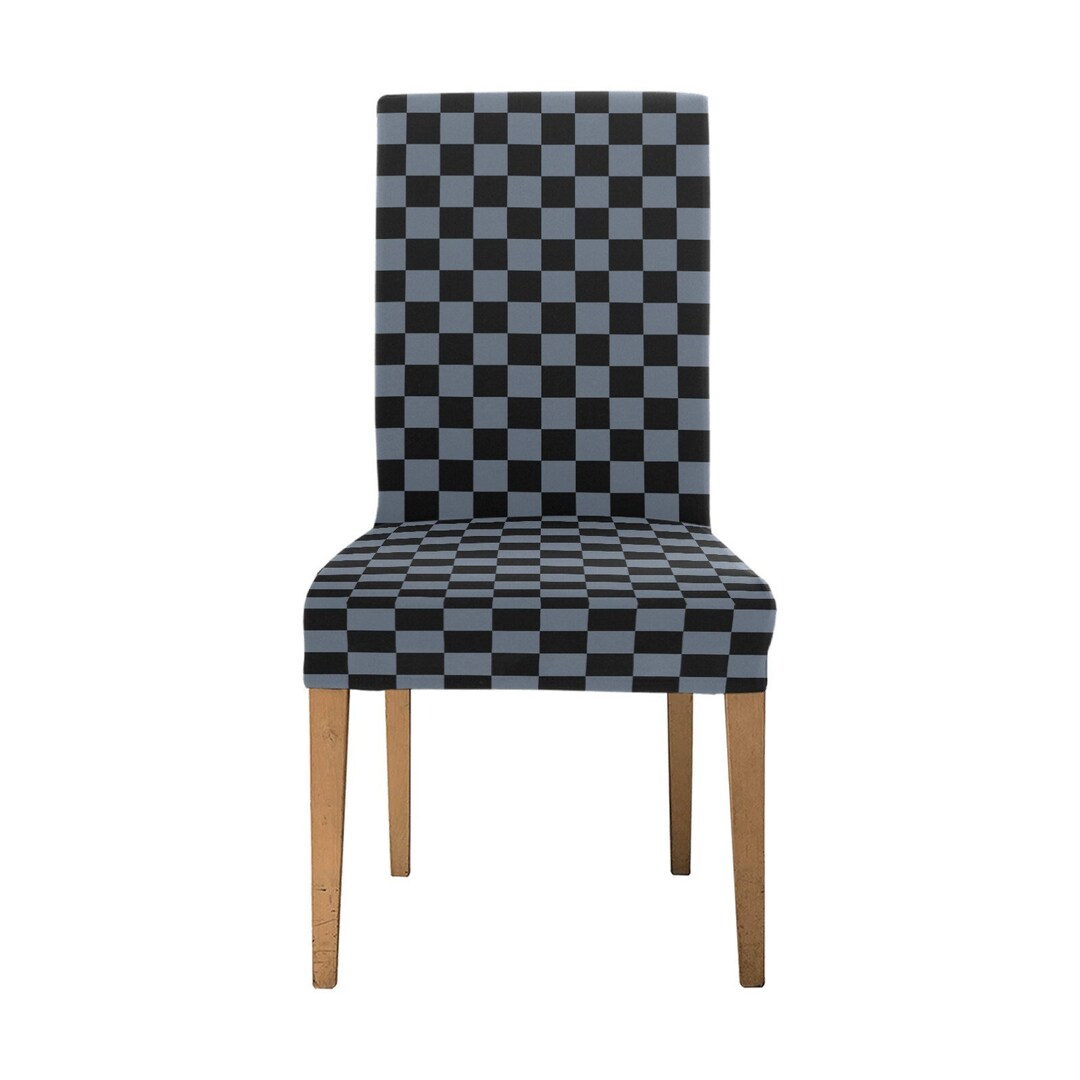 Checkered Dining Chair Seat Covers, Black Grey Check Checkerboard ...