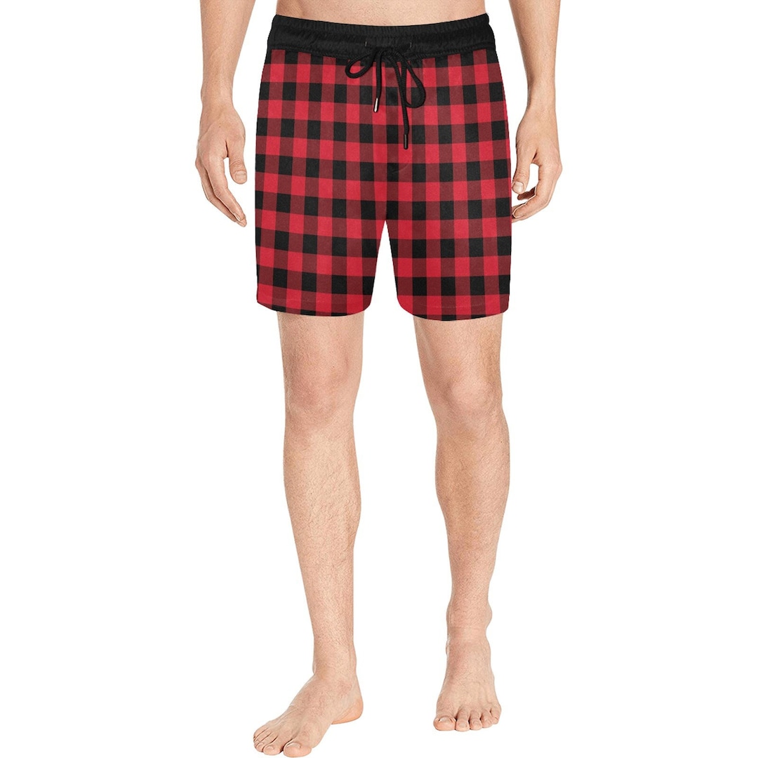 Red Buffalo Plaid Men Shorts, Black Check Mid Length Beach Swim Trunks ...
