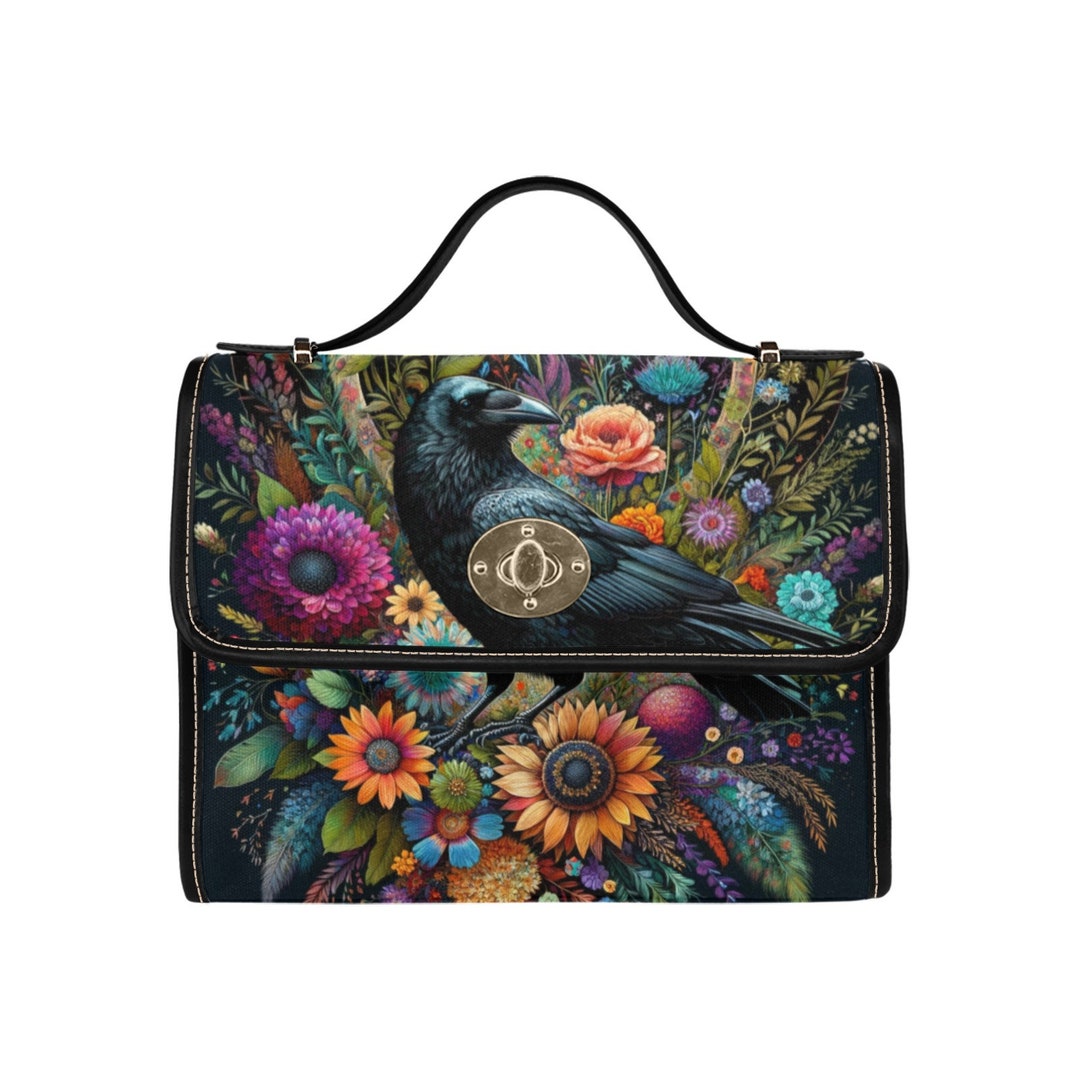 Black Crow Satchel Purse Bag, Floral Wildflowers Cottagecore Boho Small ...