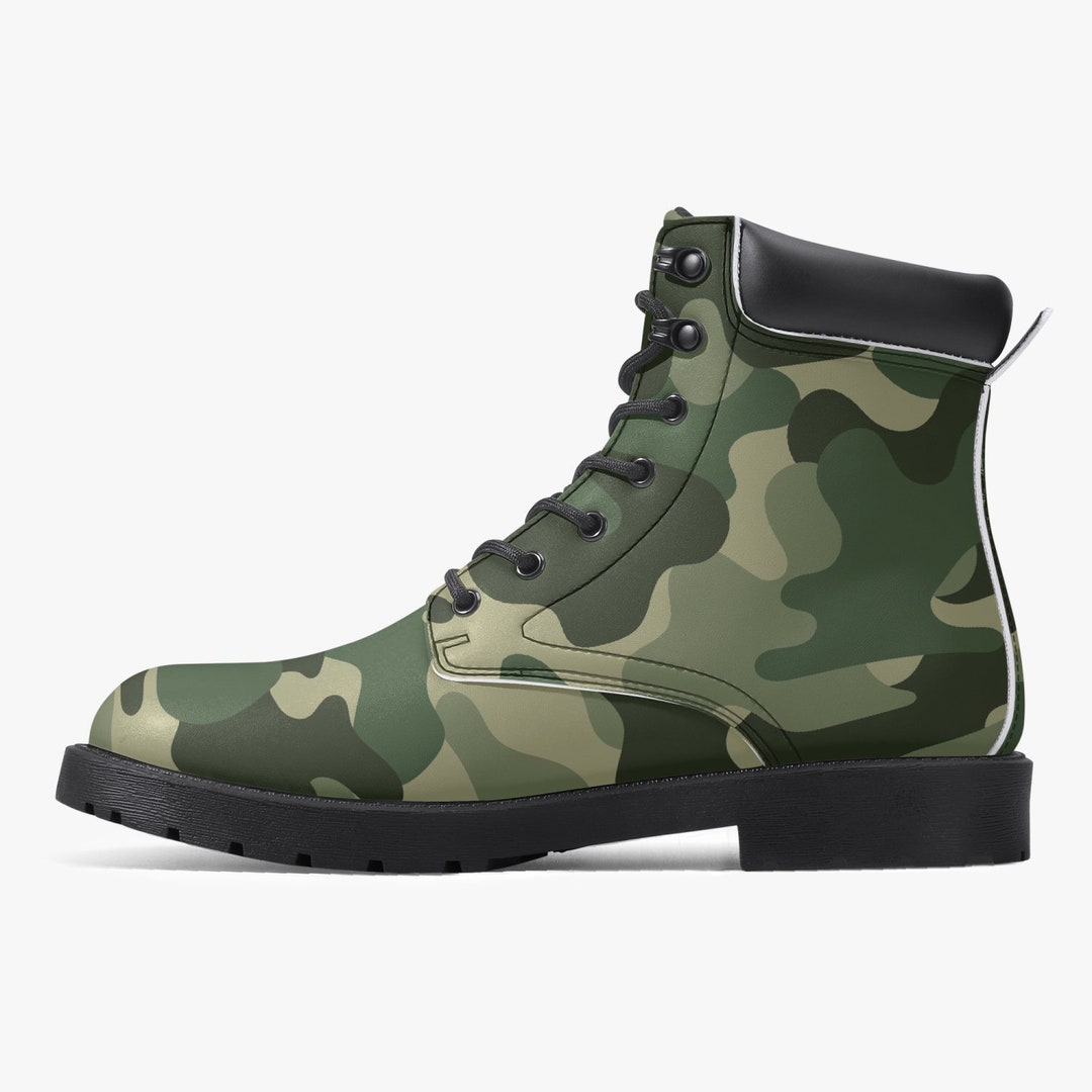 Camouflage Leather Boots, Green Army Camo Lace up Shoes Hiking Walking ...