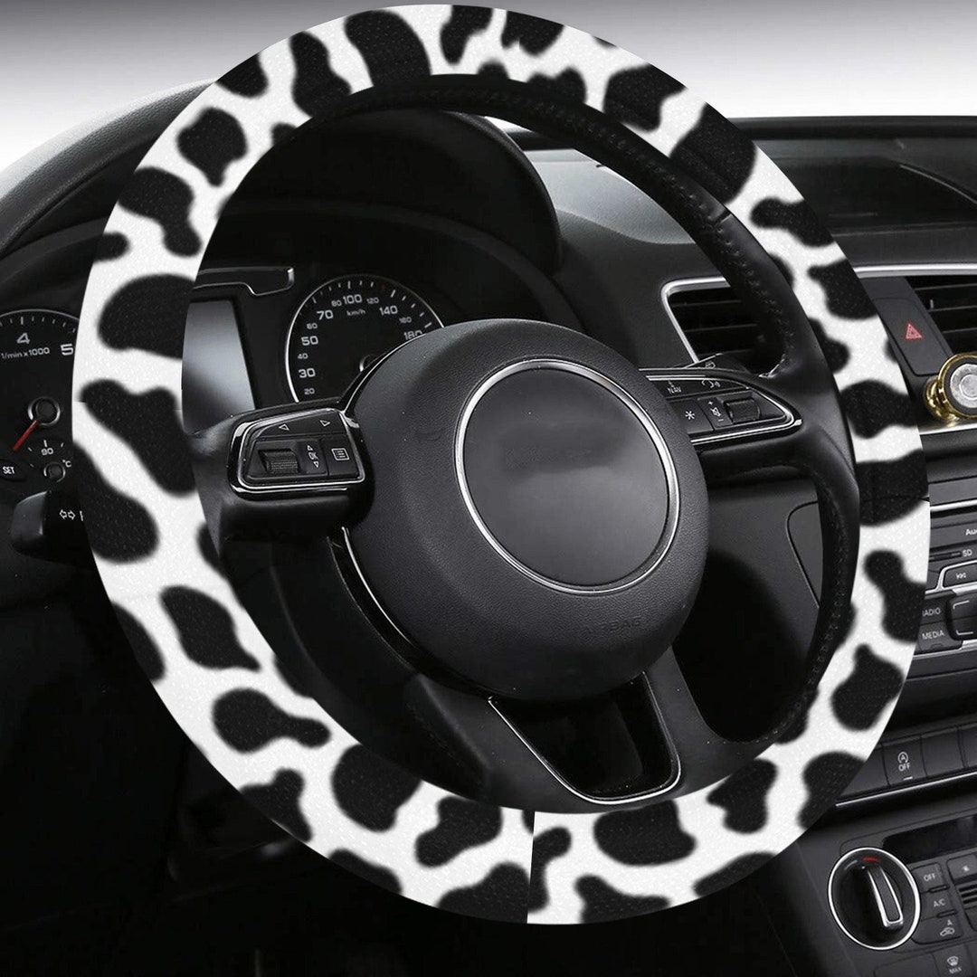 Cow Steering Wheel Cover With Anti-slip Insert, Black White Spots ...