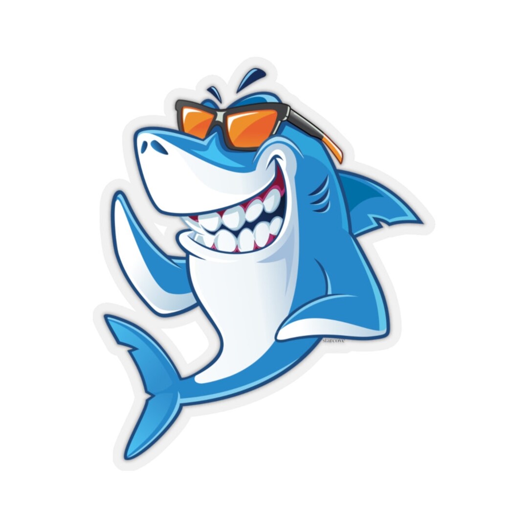 Blue Shark Sticker, Funny Sunglasses Fish Cartoon Animal Laptop Decal ...