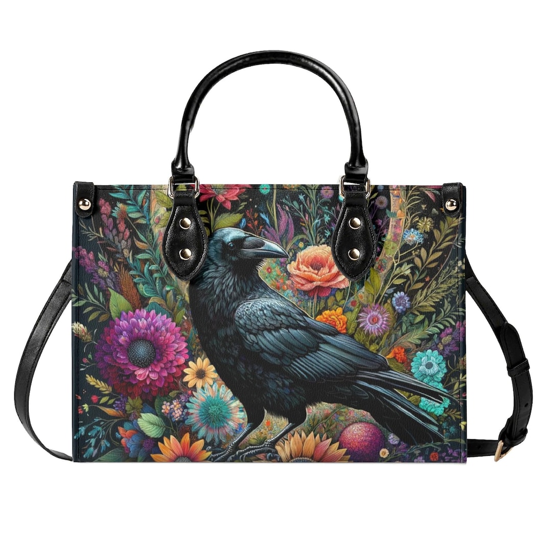 Black Crow Shoulder Purse, Floral Wildflowers Crossbody Vegan Leather ...