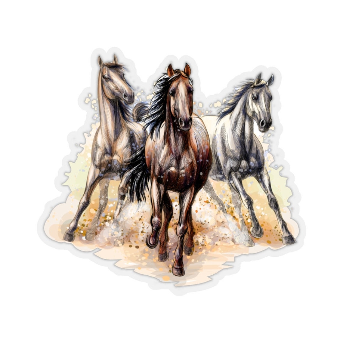 Three Horses Sticker, Gallop Running Watercolor Cute Decal Label Phone ...