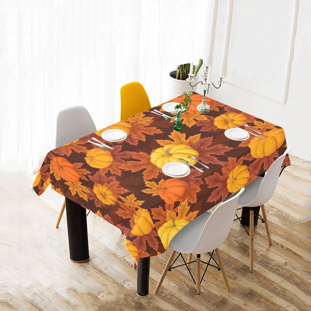 Pumpkins Tablecloth, Orange Thanksgiving Fall Autumn Leaves Linen ...