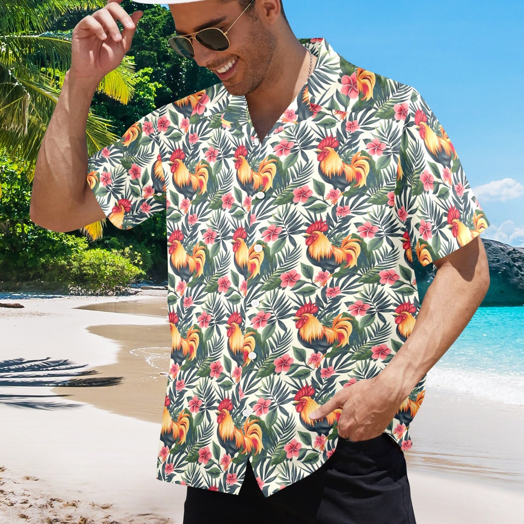 Rooster Men Hawaiian Shirt, Chicken Floral Flowers Beach Red Blue ...