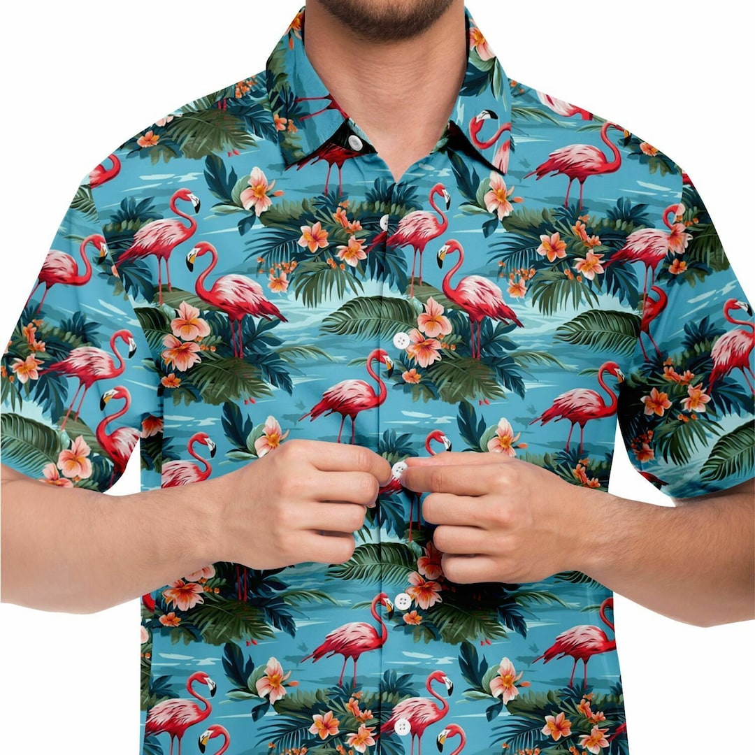 Pink Flamingo Men Button up Shirt, Green Blue Ocean Palm Trees Short ...