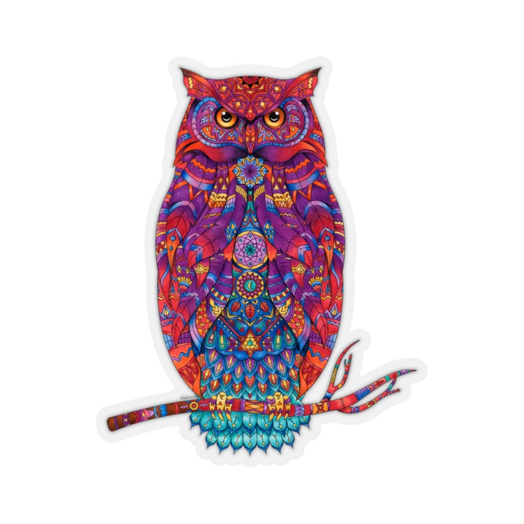 Ornate Owl Sticker, Bird Art Animal Red Laptop Decal Vinyl Cute ...