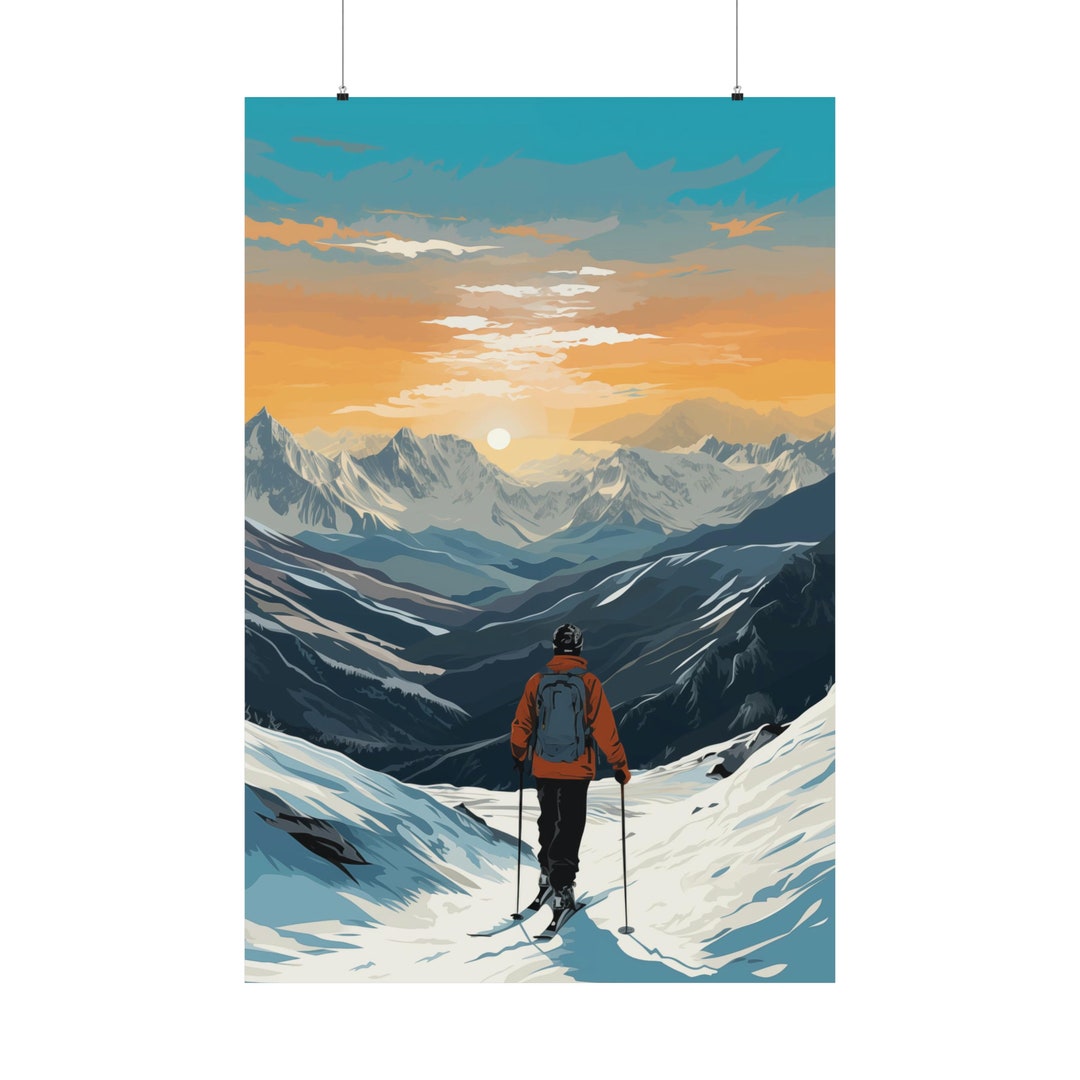 Vintage Ski Poster, Skier Mountain Snow Retro Sunset Print Wall Art ...