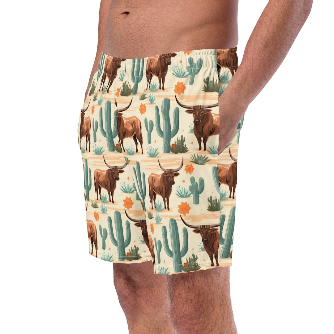 Texas Longhorn Men Swim Trunks, Cactus Western Desert Beach Mesh ...