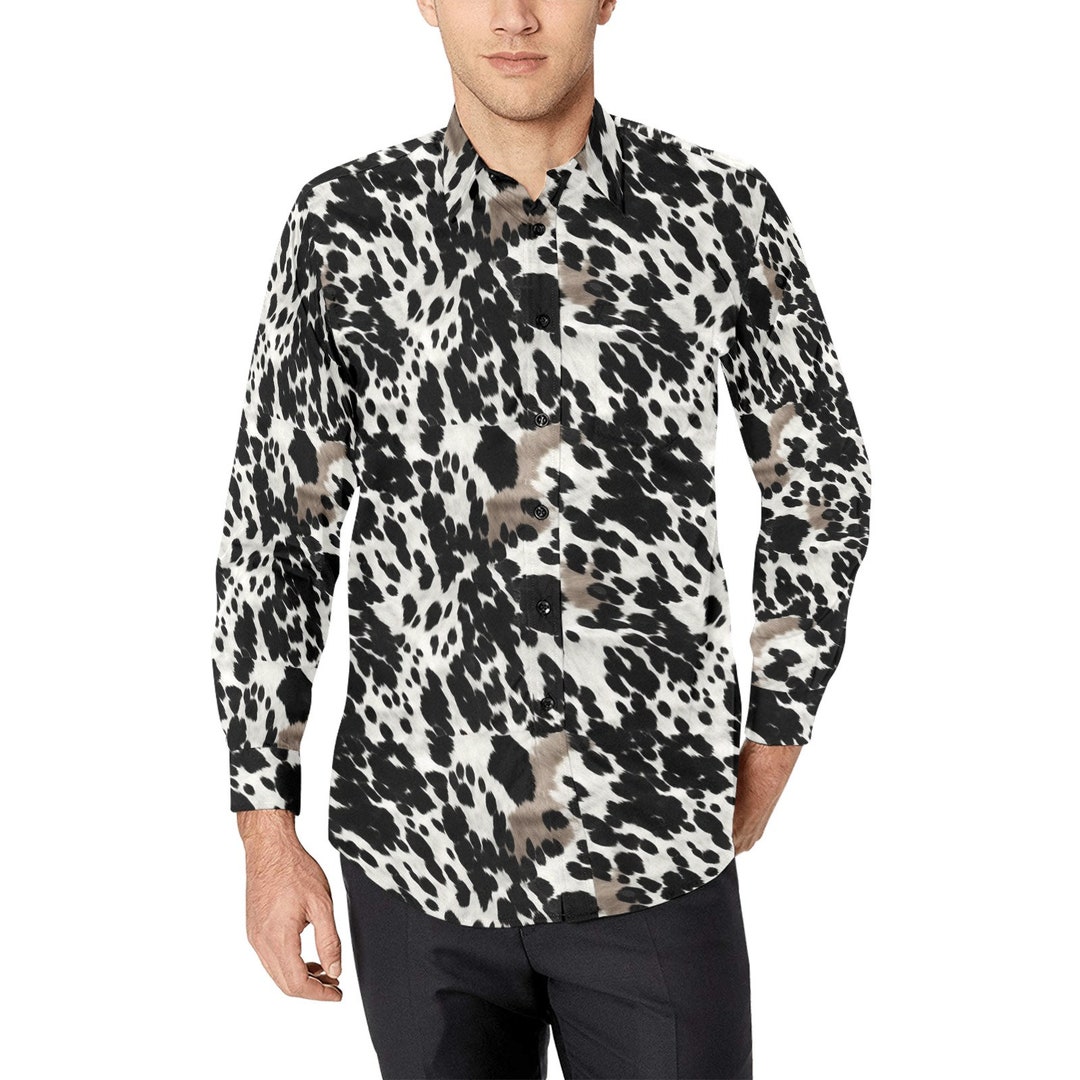 Cow Men Button up Shirt, Black White Brown Western Long Sleeve Animals ...