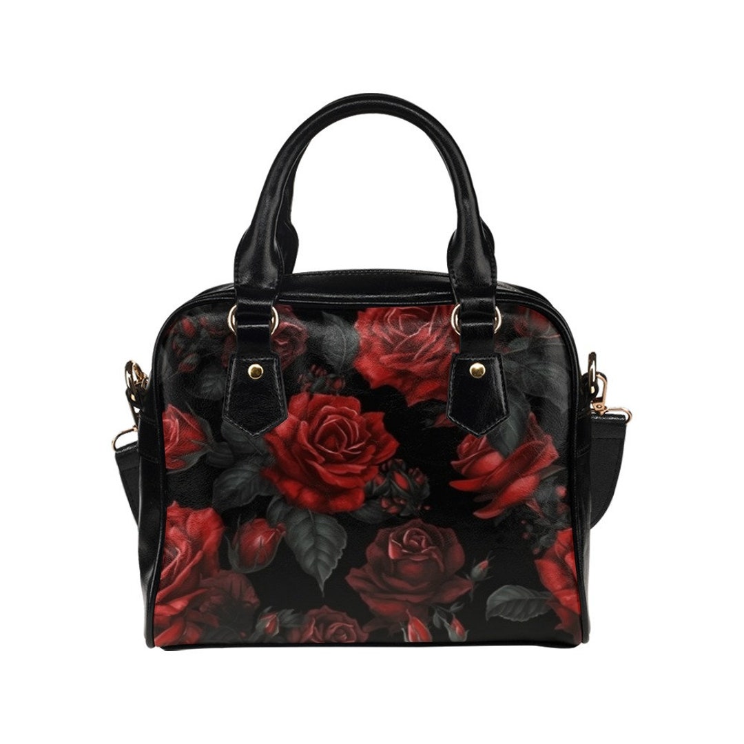 Red Roses Shoulder Purse, Cute Black Small Goth Retro Vintage Vegan ...