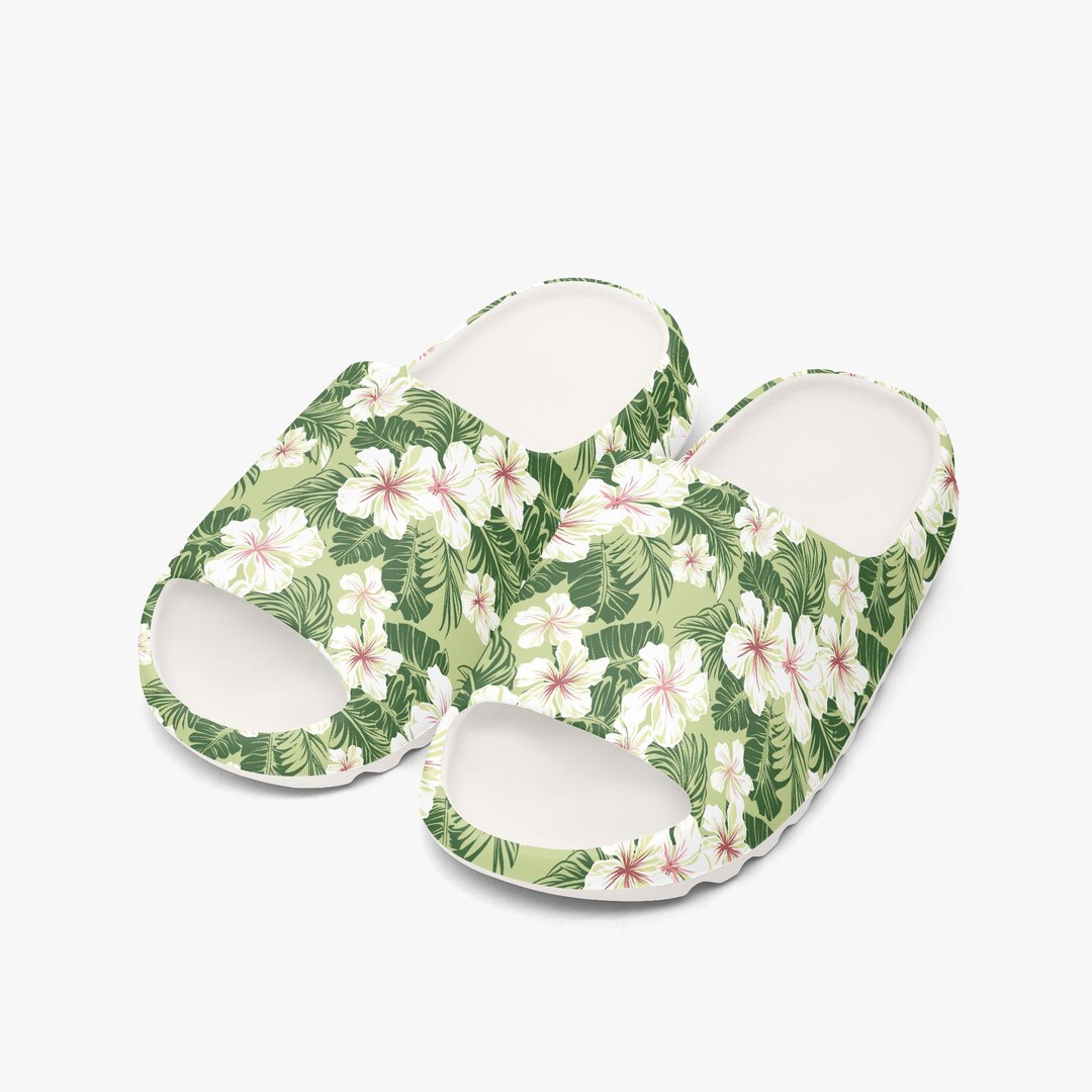 Tropical Men Slides Sandals, Hibiscus Green White Hawaiian Designer ...