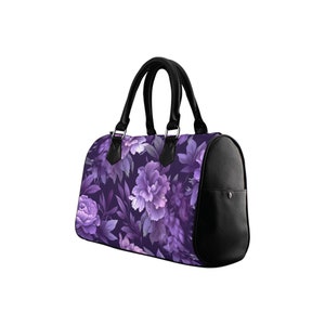 Dark Purple Floral Print Handbag Purse, Cute Flowers Art Top Zipper ...